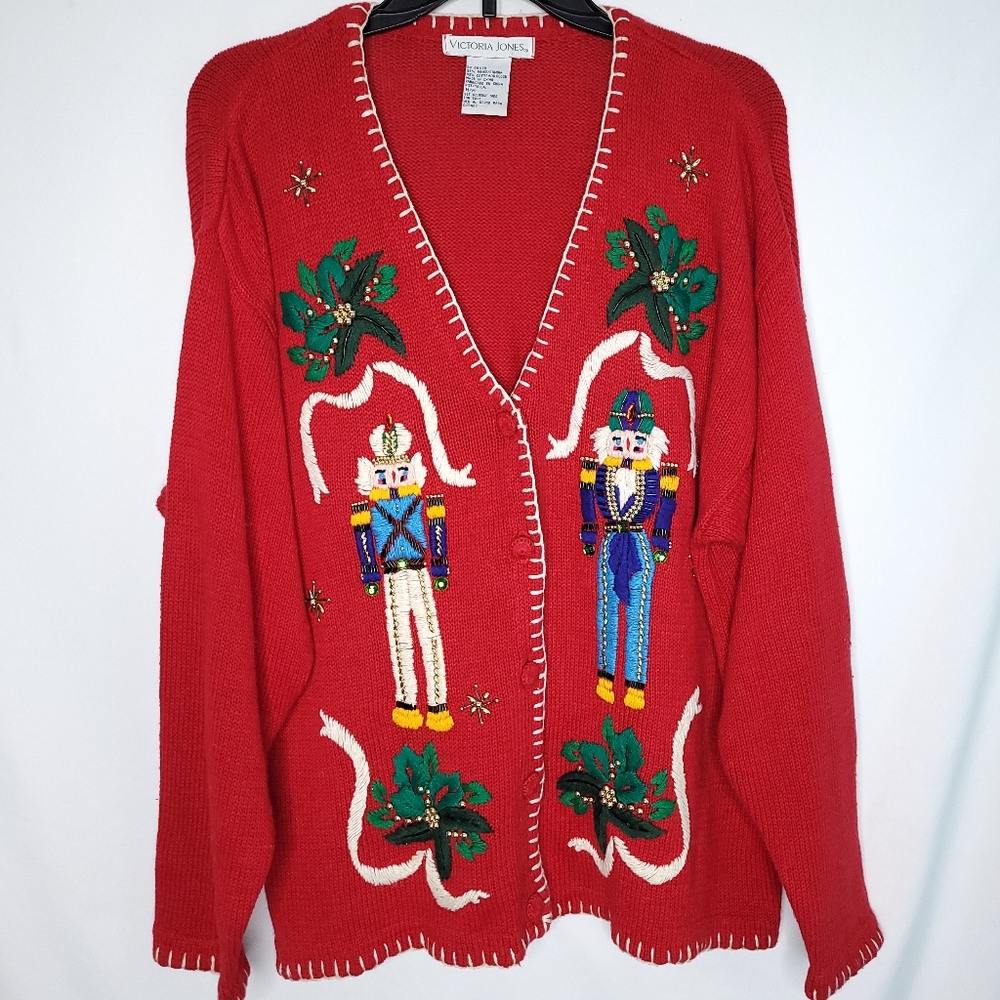 Victoria Jones Nutcracker Christmas Button Front V-Ne… - Gem